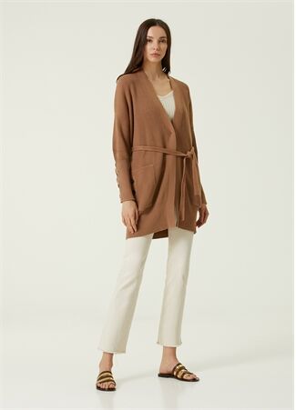 Brunello Cucinelli Kadın Camel V Yaka Beli Kuşaklı Hırka Kahverengi L EU