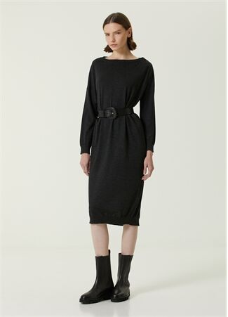 Brunello Cucinelli Kadın Antrasit Omuz Detaylı Kemerli Midi Yün Elbise Gri XS EU