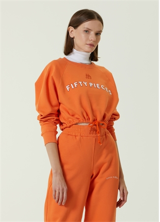 Fifty Pieces Kadın Turuncu Logo Baskılı Beli Büzgülü Crop Sweatshirt L EU