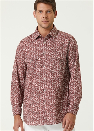Palzileri Lab Erkek Bordo Polo Yaka Yaprak Desenli Keten Gömlek 4 IT