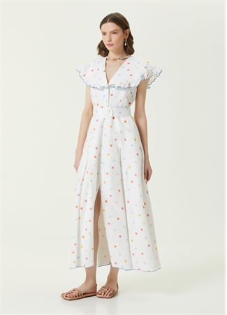 Gül Hürgel Kadın V Yaka Renkli Puantiyeli Maksi Keten Elbise S EU