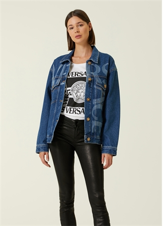 Versace Kadın Mavi Logo Baskılı Jean Ceket 42 IT Versace Kadın Mavi Logo Baskılı Jean Ceket 42 IT