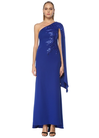 Tadashi Shoji Kadın Lacivert Pelerin Detaylı Maxi Abiye Elbise Mavi 2 US