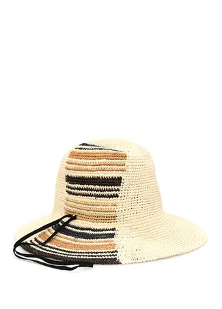 Inverni Kadın Bej Renkli Çizgi Detaylı Hasır Şapka 56 EU