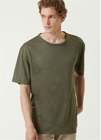 Pal Zileri Erkek Haki Bisiklet Yaka Keten T-shirt Yeşil XXL EU