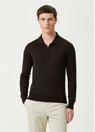 Luciano Barbera Erkek Kahverengi Polo Yaka Yün Kazak 54 IT Luciano Barbera Erkek Kahverengi Polo Yaka Yün Kazak 54 IT