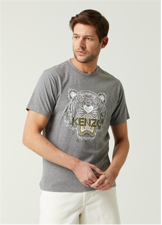 Kenzo Erkek Gri Kaplan Detaylı Logolu T-shirt XS EU