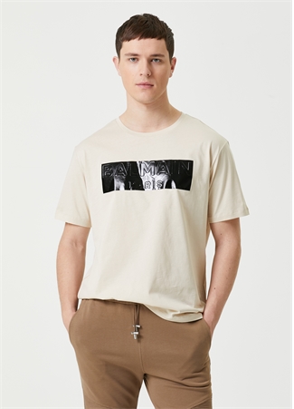 Balmain Erkek Bej Siyah Logo Baskılı Basic T-shirt S EU Balmain Erkek Bej Siyah Logo Baskılı Basic T-shirt S EU