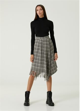 Brunello Cucinelli Kadın Gri Ekoseli Püsküllü Midi Yün Etek Kahverengi 36 IT