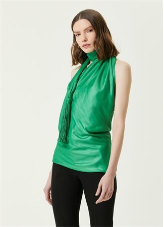 Bottega Veneta Kadın Yeşil Püsküllü Yaka Detaylı Dökümlü Bluz 42 IT