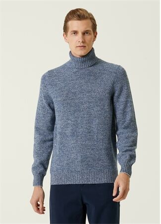 Brunello Cucinelli Erkek Mavi Balıkçı Yaka Yün Triko Kazak 52 IT