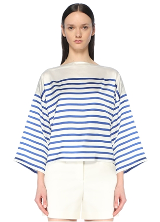 Polo Ralph Lauren Kadın Beyaz Lacivert Kayık Yaka Çizgili Bluz M EU