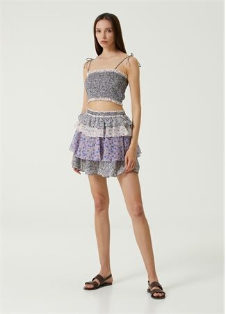 Maje Kadın Mavi Desenli Fırfırlı Mini Etek 36 FR