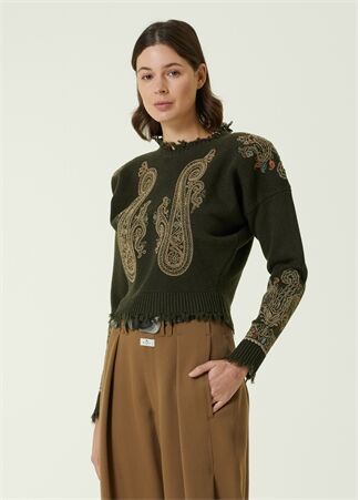 Etro Kadın Haki Nakışlı Yıpratma Detaylı Kazak 42 IT