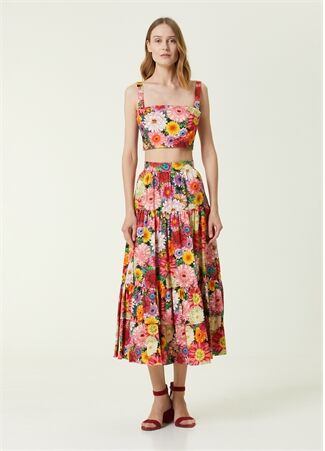 Borgo De Nor Kadın Colorblocked Çiçek Desenli Midi Etek 6 UK