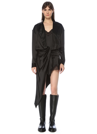 Alexander Wang Kadın Siyah V Yaka Asimetrik Mini İpek Elbise 4 US