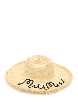 Miu Kadın Siyah Krem Logolu Rafya Şapka S EU