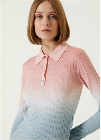 Emilio Pucci Kadın Pembe Mavi Degrade Polo Yaka Yün Kazak S EU