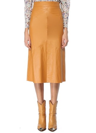 Isabel Marant Kadın Hardal Yüksek Bel Midi Suni Deri Etek Sarı 36 FR