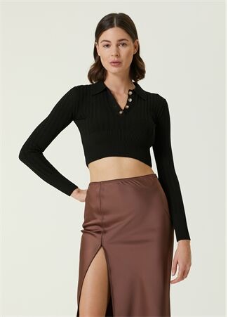 Anna October Kadın Siyah Polo Yaka Crop Triko M EU