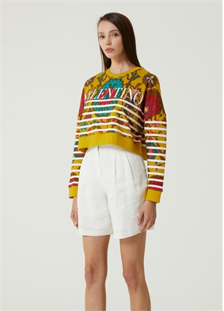 Valentino Kadın Hardal Çiçekli Logolu Crop Triko Sarı S EU Valentino Kadın Hardal Çiçekli Logolu Crop Triko Sarı S EU