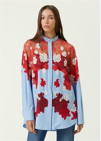 Valentino Kadın Mavi Garnili Çiçek Aplikeli Gömlek 42 IT