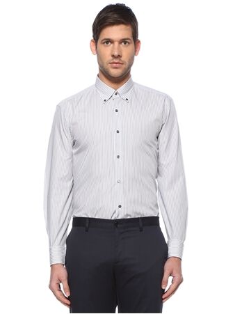 Pal Zileri Erkek Beyaz Mavi Düğmeli Yaka Çizgi Desenli Gömlek 39 IT