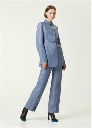 Off-White Kadın Mavi Paçası Yırtmaçlı Deri Pantolon Gri 38 IT