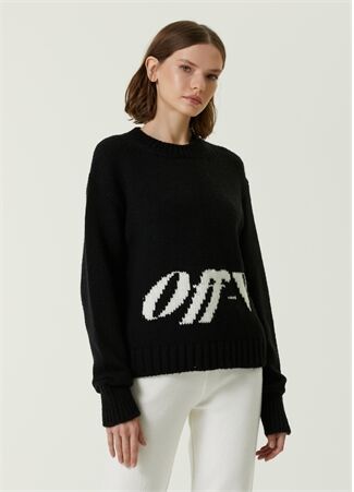 Off-White Kadın Siyah Beyaz Logo Jakarlı Yün Kazak 40 IT