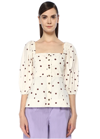 Ganni Kadın Beyaz Kare Yaka Puantiyeli Poplin Bluz 38 FR