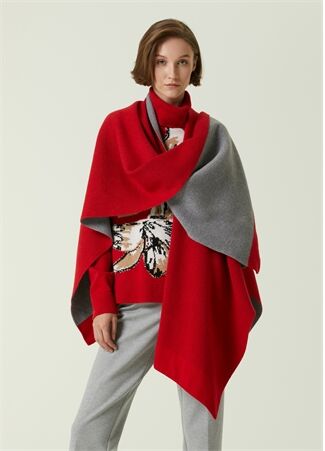 Beymen Collection Kadın Kırmızı Gri Çift Taraflı Panço EU Beymen Collection Kadın Kırmızı Gri Çift Taraflı Panço EU