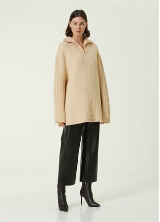 Nanushka Kadın Krem Dik Yaka Fermuarlı Kazak Bej S EU