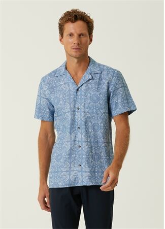 Faraway Erkek Mavi Desenli Apaç Yaka Keten Gömlek S Eu
