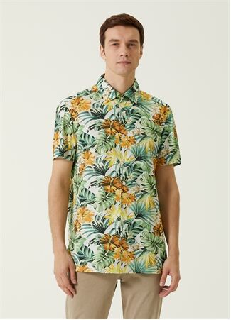 Kiton Erkek Sarı Yeşil Çiçek Desenli Kısa Kollu Gömlek 4 IT