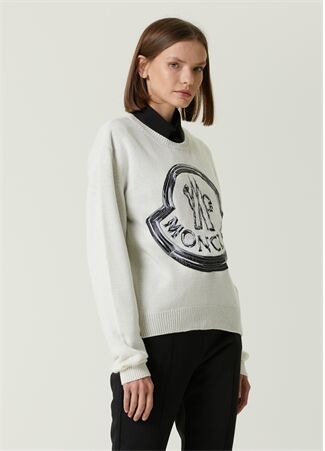 Moncler Kadın Beyaz Logo Nakışlı Kazak XS EU