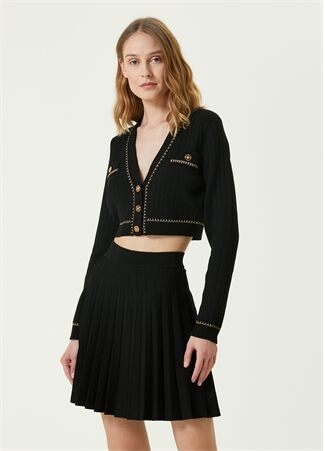 Versace Kadın Siyah Gold V Yaka Nakışlı Crop Yün Hırka 42 IT