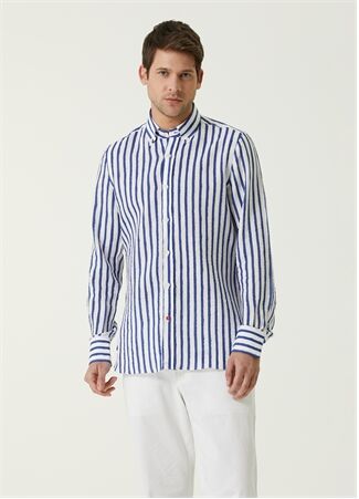 Isaia Erkek Mavi Beyaz Düğmeli Yaka Çizgili Keten Gömlek 4 IT