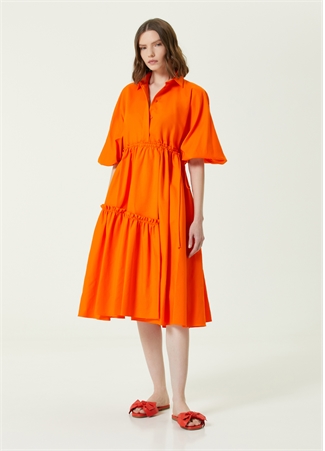 Dice Kayek Kadın Turuncu Asimetrik Büzgülü Midi Gömlek Elbise 38 EU
