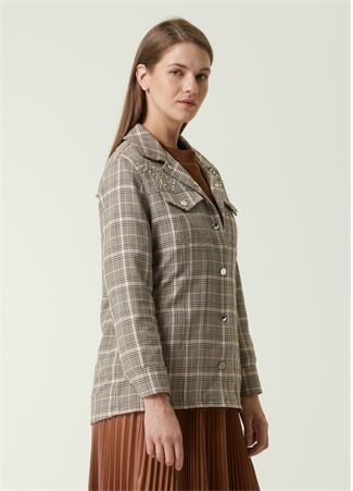 Beymen Club Kadın Bej Kazayağı Desenli Taşlı Gömlek 34
