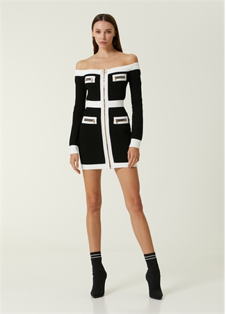 Balmain Kadın Siyah Beyaz Cep Detaylı Mini Elbise 42 FR