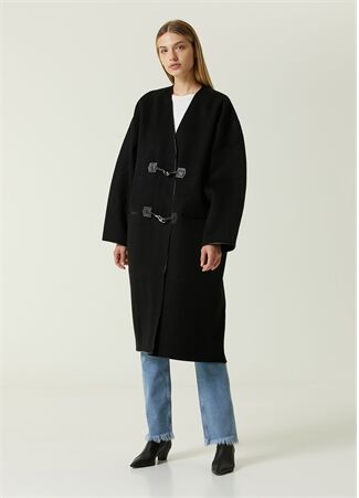 Toteme Kadın Siyah V Yaka Biyeli Yün Palto 36 IT