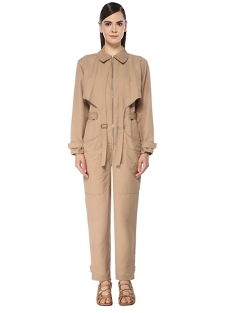 Stella McCartney Kadın Kamel Fermuarlı Kemer Detaylı Maksi Tulum Kahverengi 42 IT