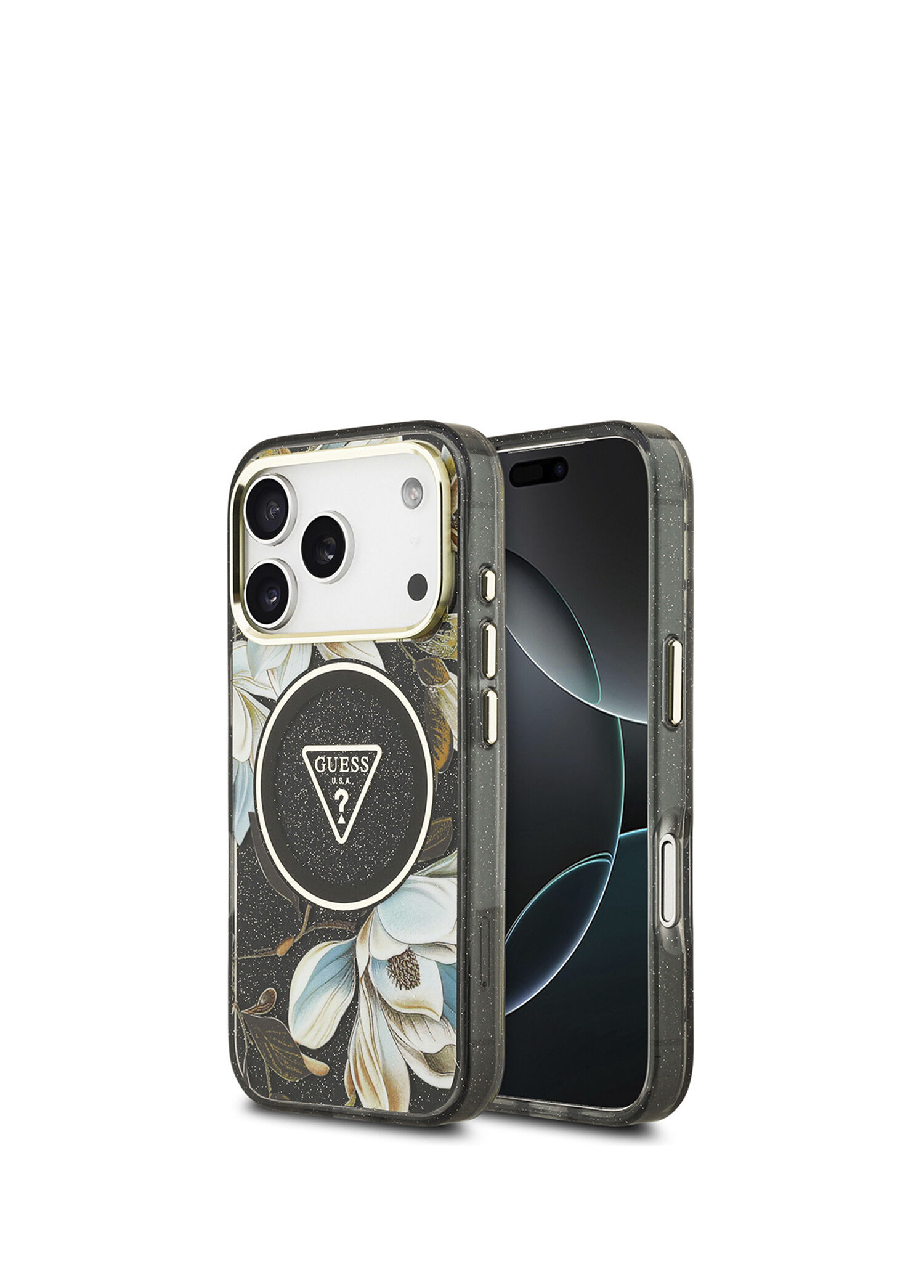 Guess - iPhone 17 Pro Glitter Flower Pattern Metal Camera Frame Magsafe ...