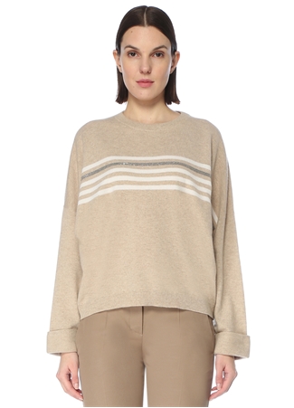 Brunello Cucinelli Kadın Bej Çizgi Desenli Bisiklet Yaka Keten Triko L EU