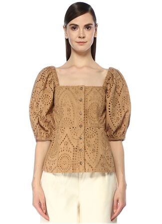 Ganni Kadın Taba Kare Yaka Nakışlı Balon Kol Bluz Bej 34 FR