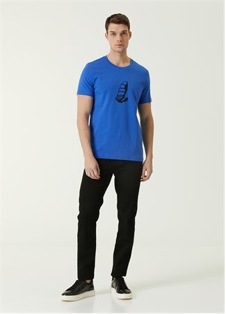 Beymen Club Erkek Mavi Bisiklet Yaka Baskılı T-shirt S
