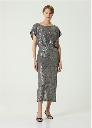 Beymen Club Kadın Silver Payetli Midi Abiye Elbise Gri 34