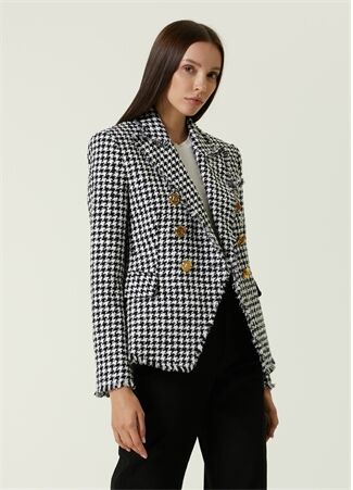 Balmain Kadın Siyah Beyaz Kazayağı Desenli Kruvaze Ceket 36 FR
