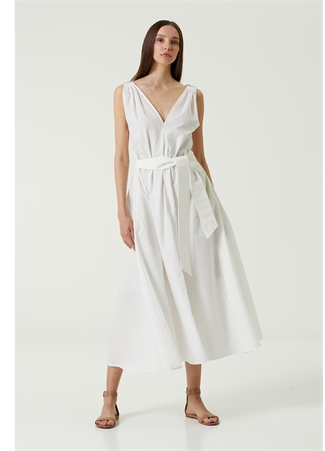 Brunello Cucinelli Kadın Beyaz V Yaka Beli Kuşaklı Midi Elbise L EU