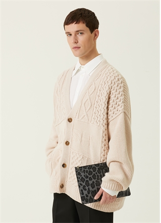 Ambush Erkek Bej V Yaka Örgü Dokulu Logo Jakarlı Triko Hırka S EU